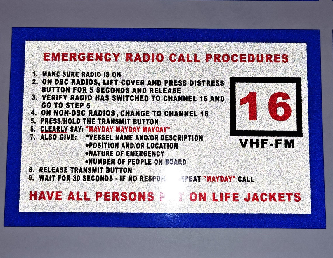 REFLECTIVE VHF Marine Emergency Radio Call Procedure Sticker 3.5" X 5.5 ...