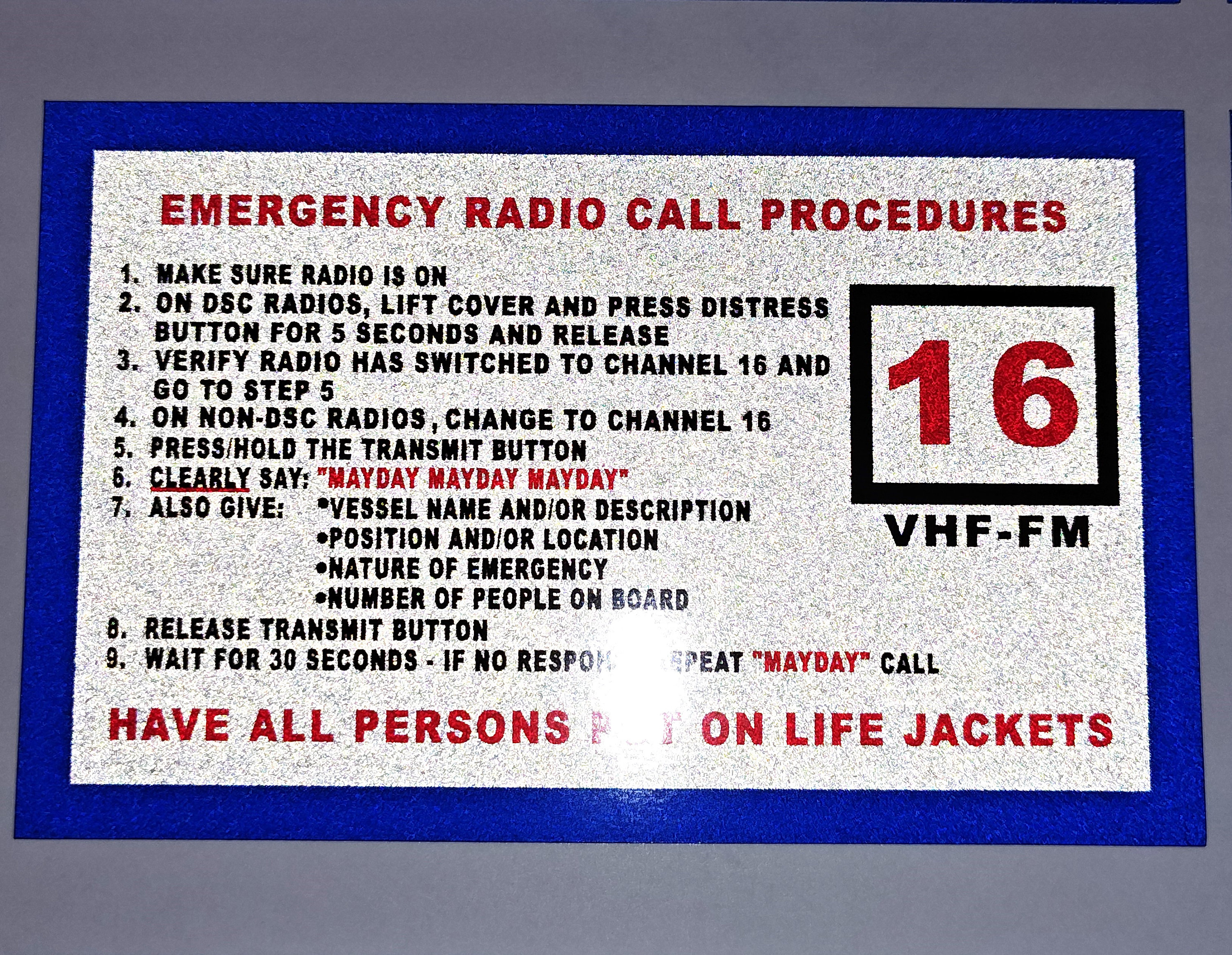 REFLECTIVE VHF Marine Emergency Radio Call Procedure Sticker 3.5" X 5.5 ...
