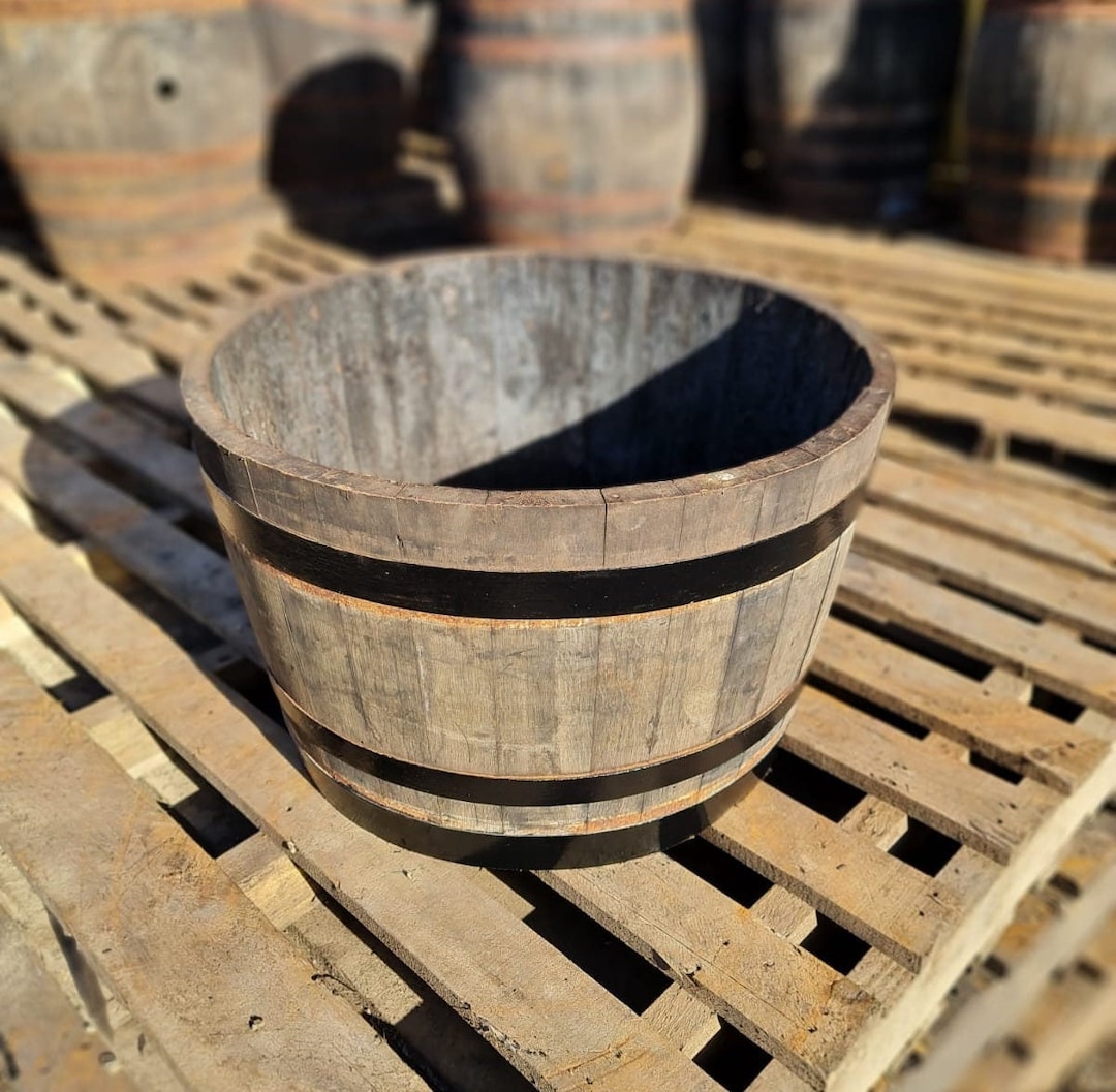 Black Banded Oak Half Barrel Planter Wine Whisky Cask Garden Flower Pot ...