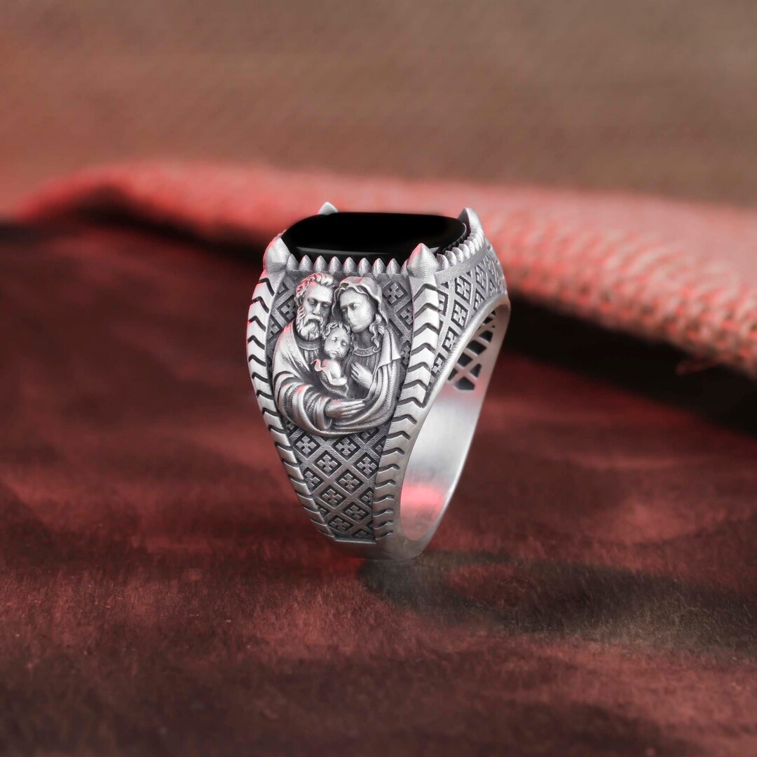Holy Family Ring, Jesus Mary Joseph, Cushion Gemstone, Men's Religious ...