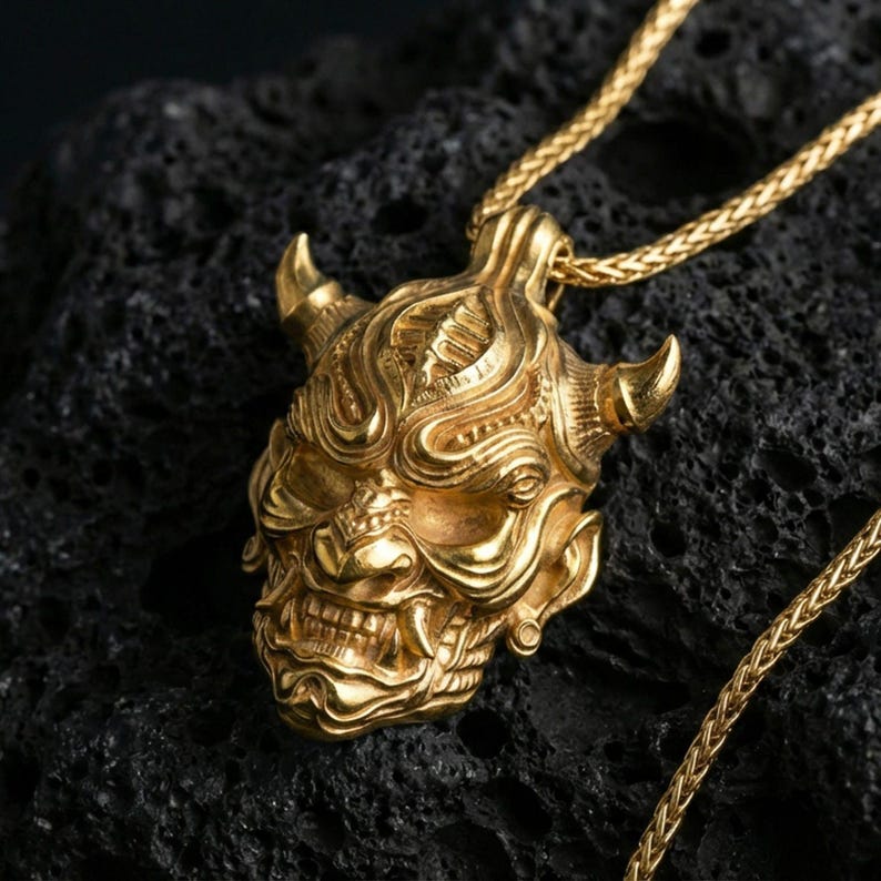 Sterling Silver Oni Mask Pendant, Cyber Samurai Necklace - Etsy