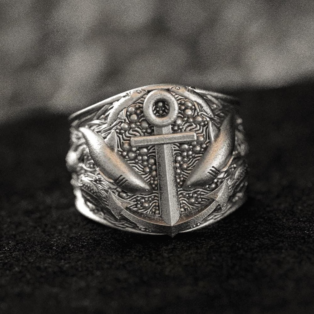 Anchor & Sharks Sterling Silver Signet Ring – Nautical Marine Jewelry ...