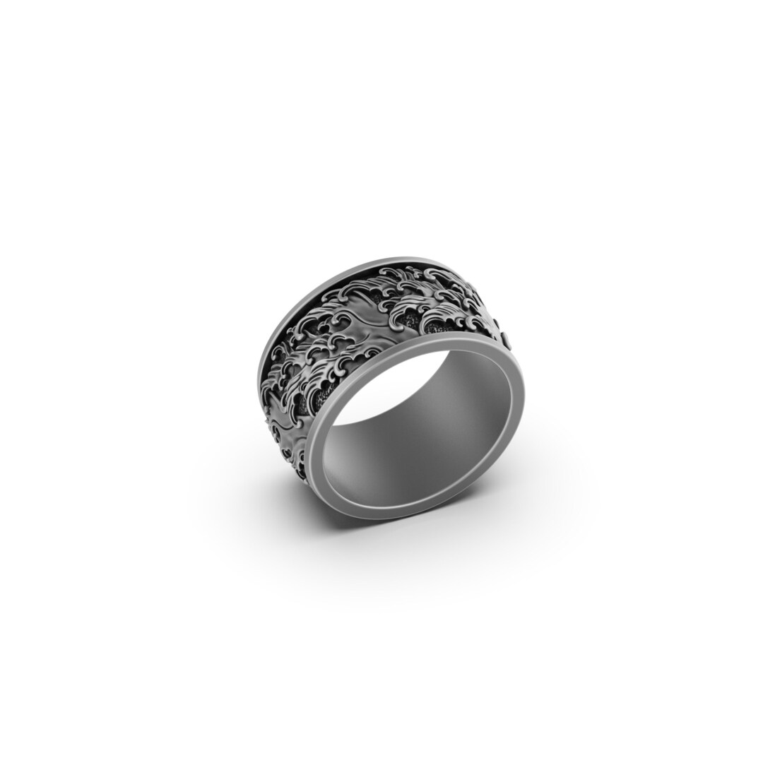 Tides and Waves Ring, Japanese Art Band, Oceanic Silver Ring, Sea Wave ...