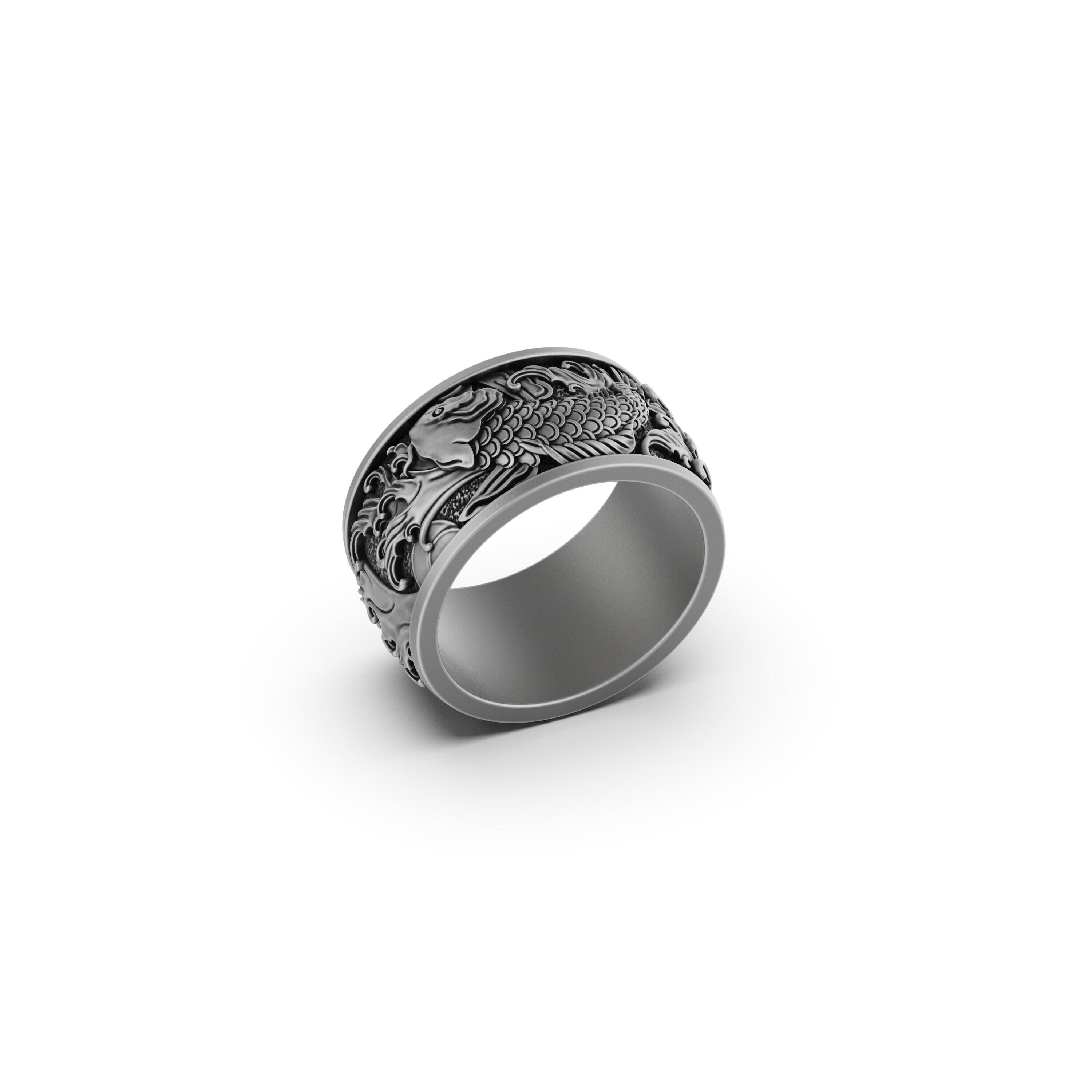 Carp Waves Ring, Koi Fish Band, Ocean Inspired Jewelry, Asian Art Ring ...