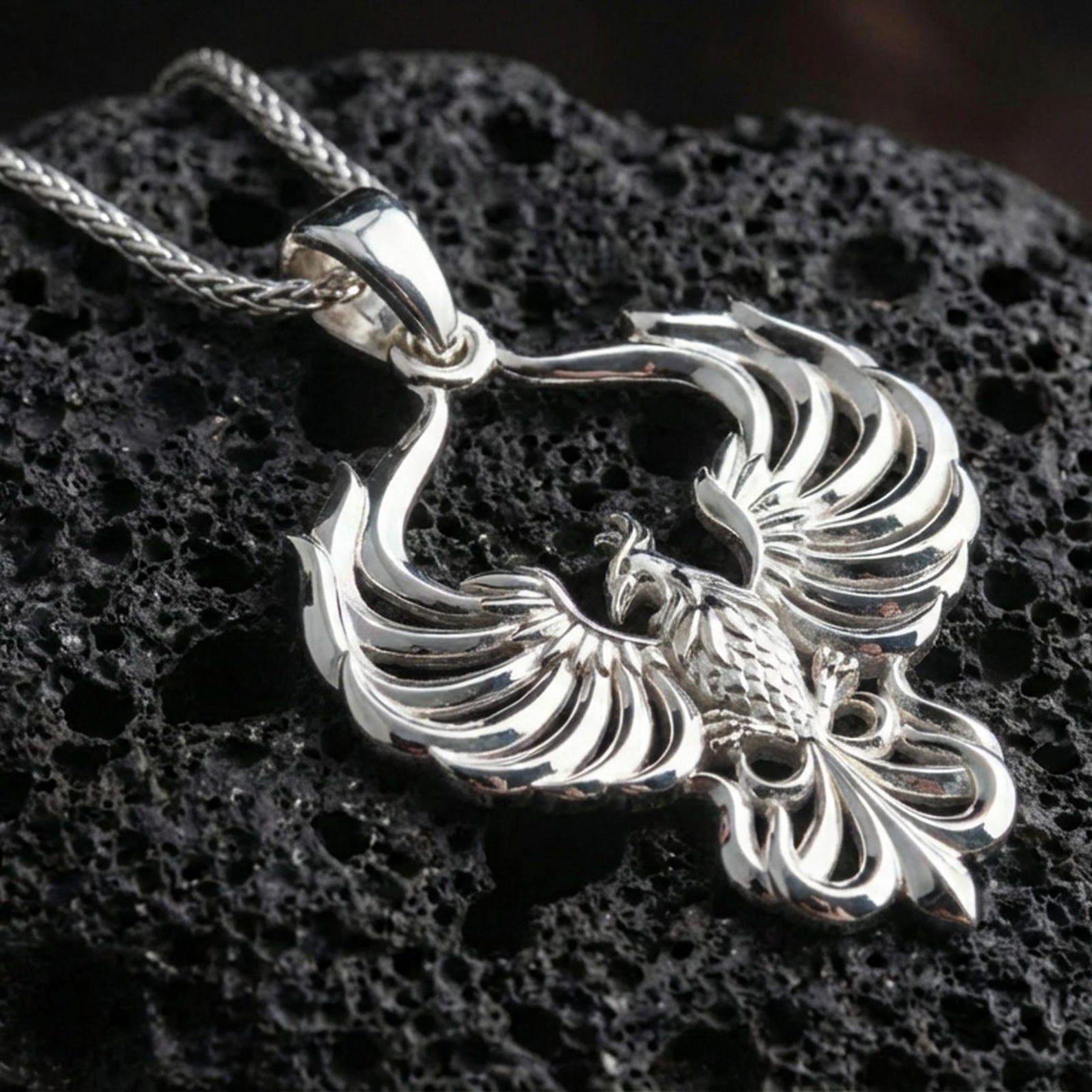 Phoenix Necklace, Sterling Silver, Mythical Bird, Unisex Rebirth Symbol ...