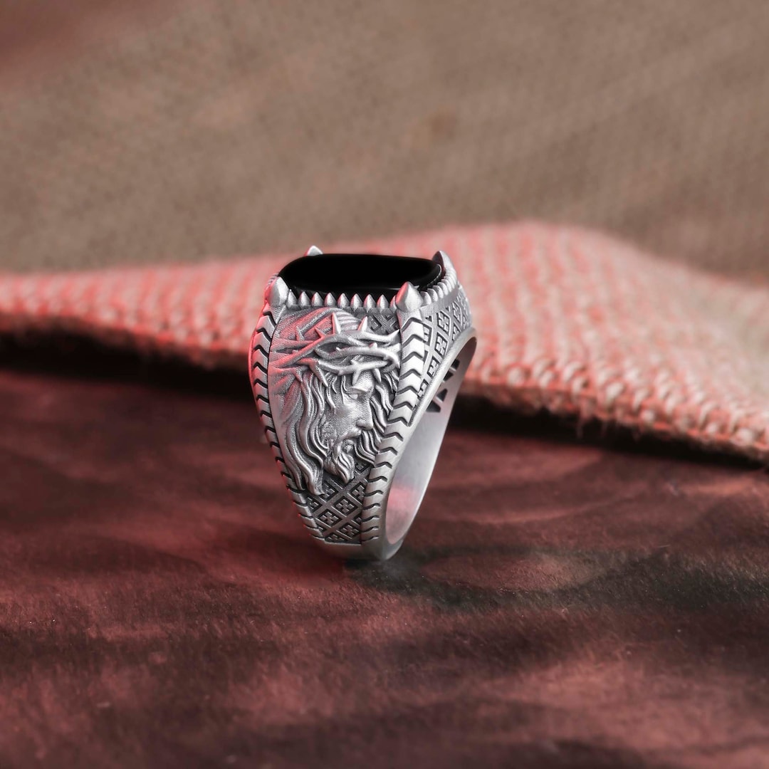 Jesus Christ Ring, Crown of Thorns, Cushion Gemstone, Men's Religious ...