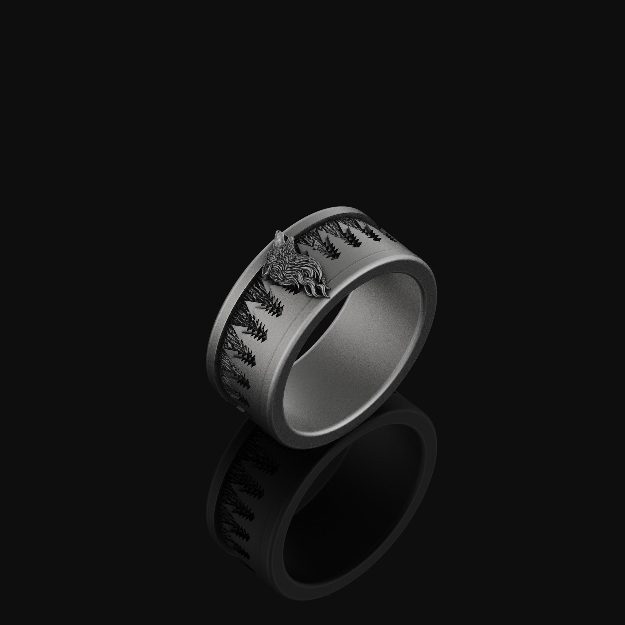 Sterling Silver Wolf and Pine Tree Ring, Unisex Band - Etsy