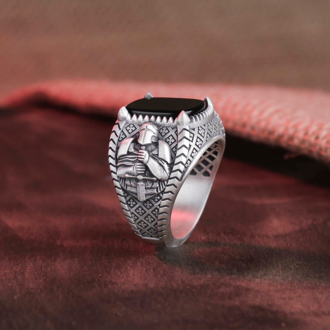 Templar Knight Ring, Gemstone Ring, Cushion Gemstone, Men's Religious ...