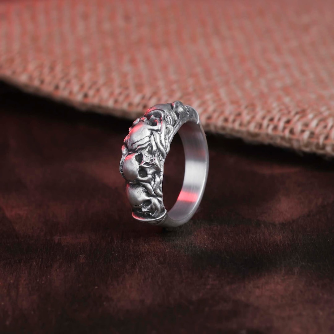 Skull Band Ring, Gothic Silver Ring, Biker Skull Ring, Edgy Fashion ...