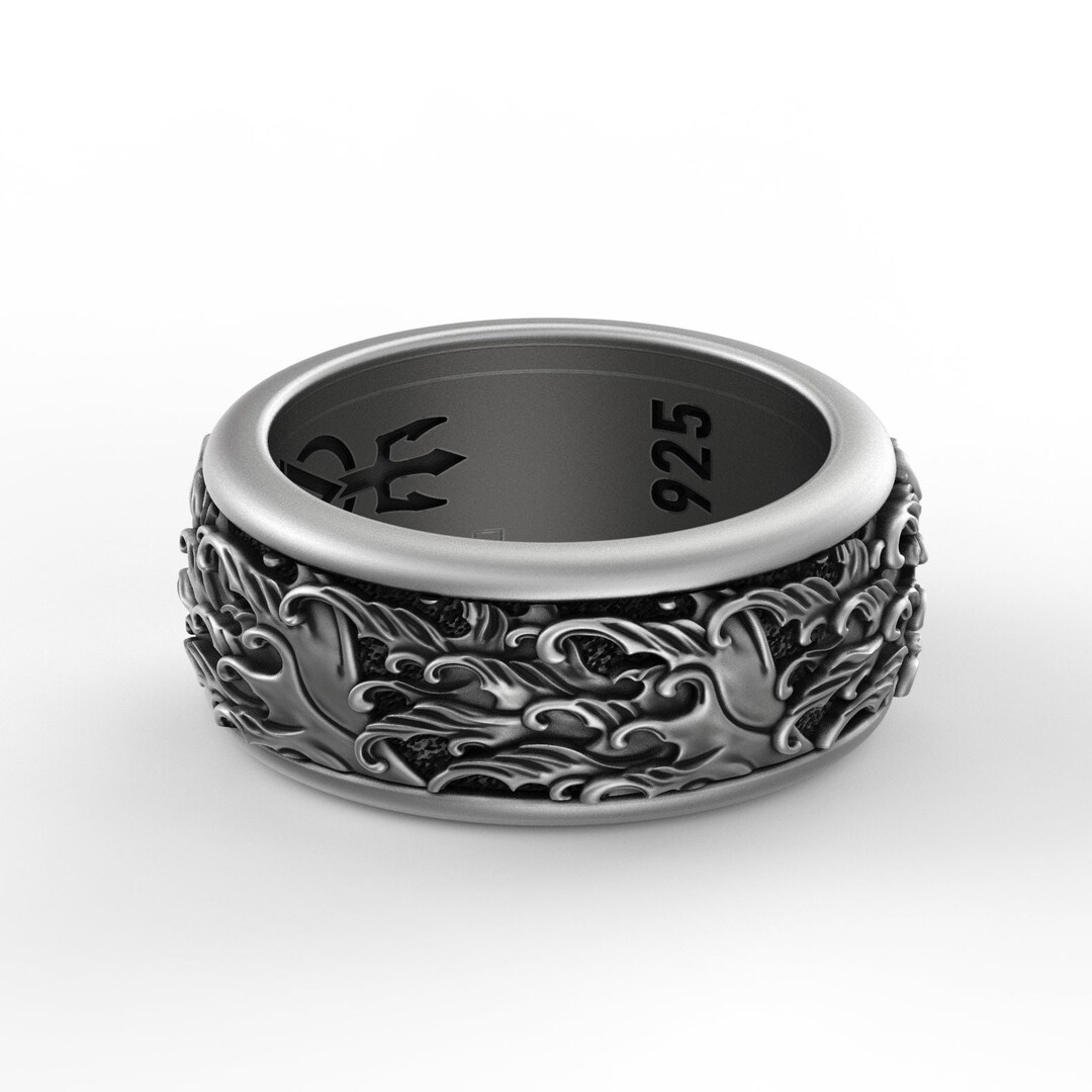 Realistic Silver Spinning Waves Band Ring - Elegant Ocean-inspired ...