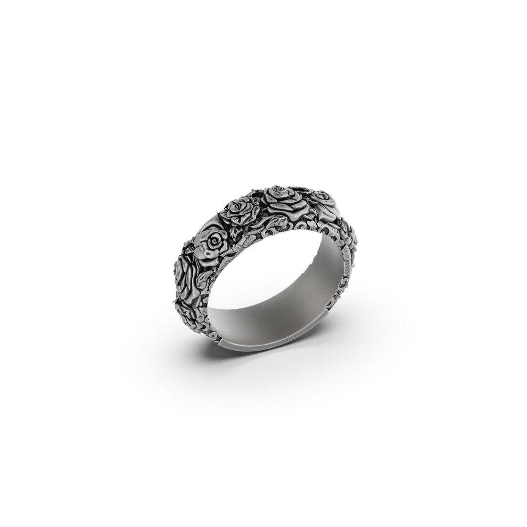 Roses Sterling Ring, Romantic Rose Band, Floral Motif Ring, Nature ...