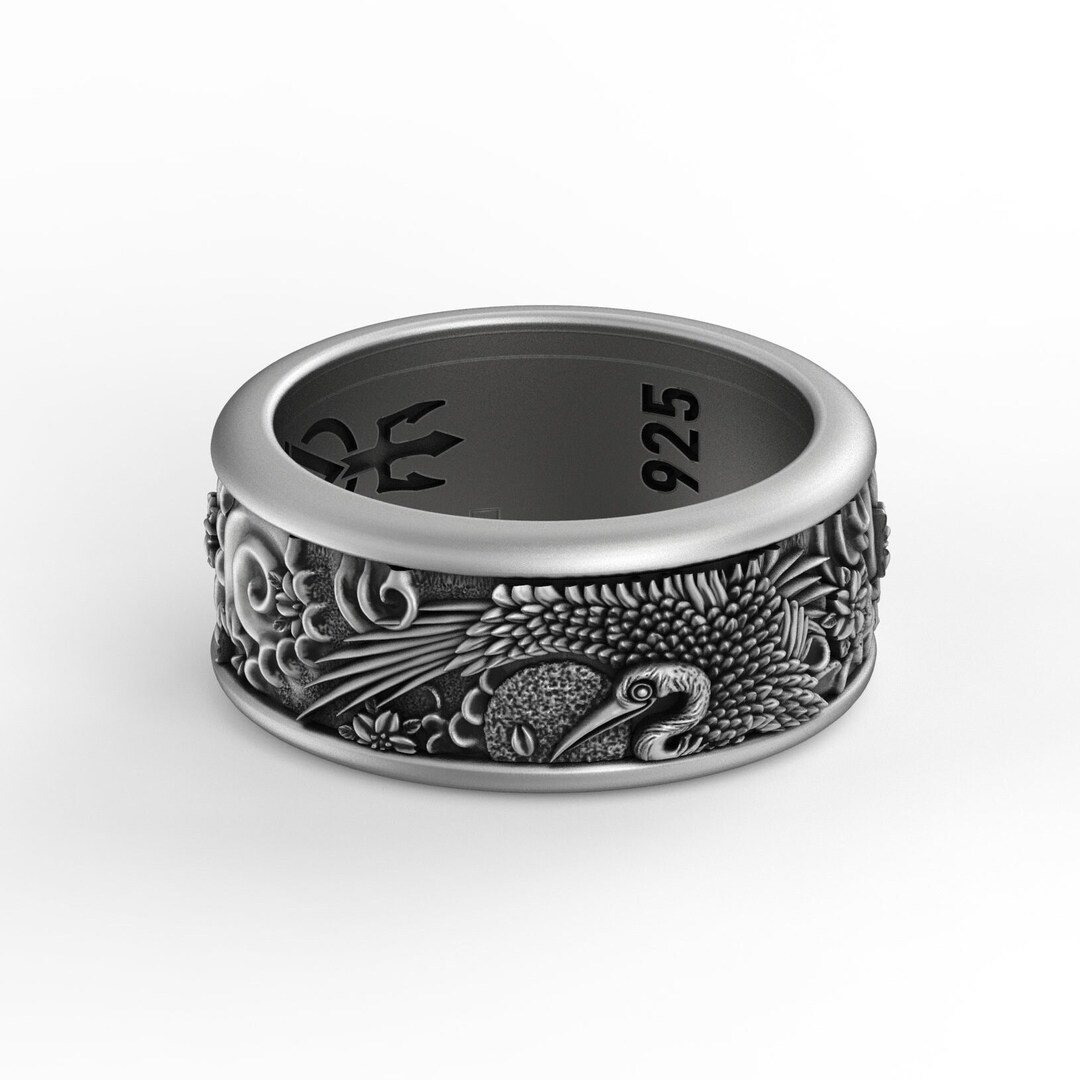 Spinner Fidget Crane Wedding Band Ring, Engravable Inside, Elegant Bird Design, Unique Symbol of ...
