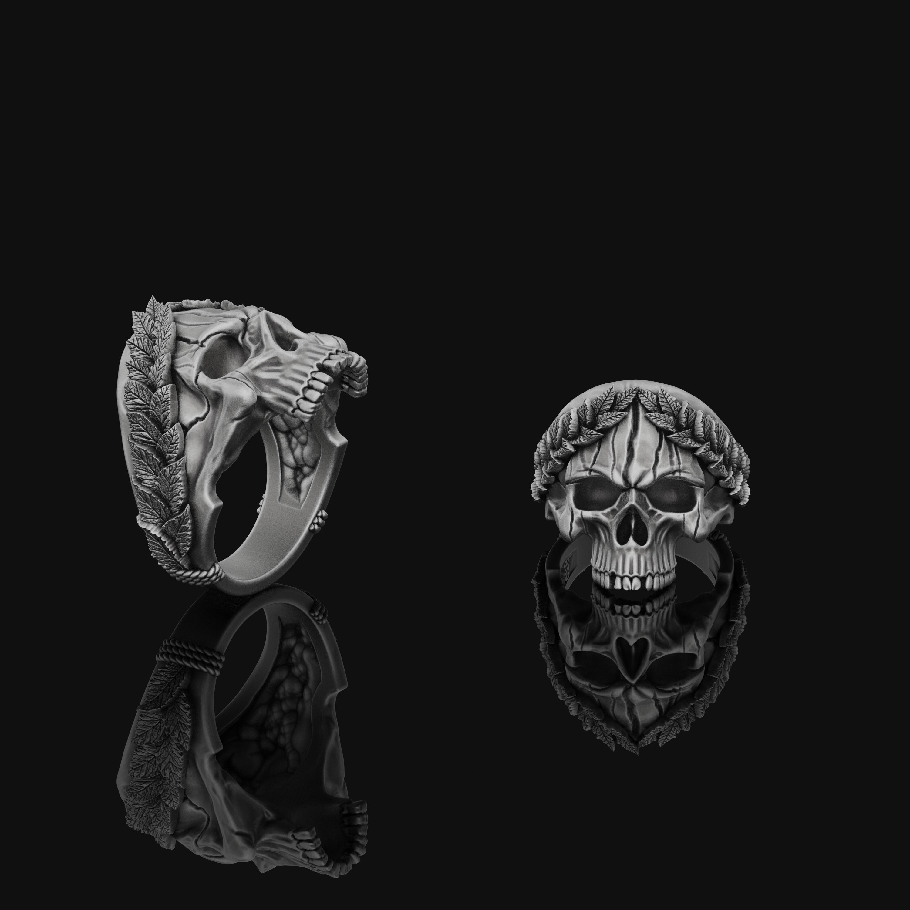 Gothic Laurel Wreath Skull Ring, Crown of Leaves, Greek Style Skull ...