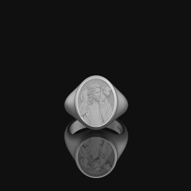 Sterling Silver Jesus the Good Shepherd Signet Ring, Adjustable ...
