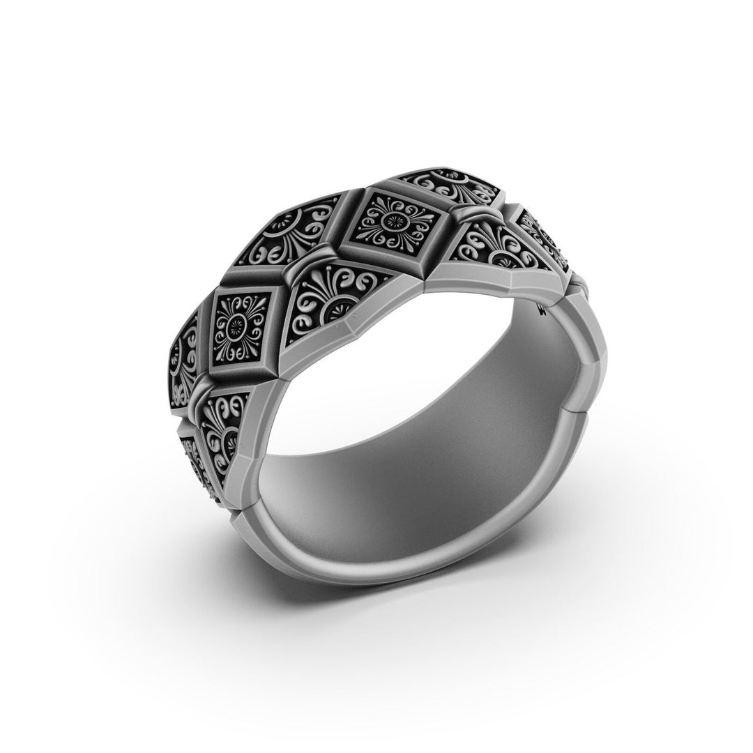 Silver Floral Geometric Wedding Band, Sterling Silver, Anniversary Ring ...