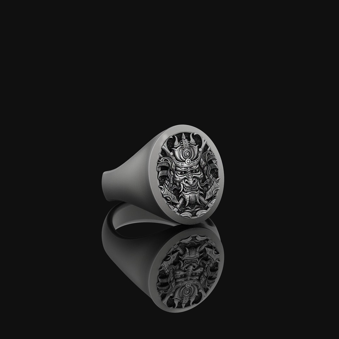 Japanese Warrior Samurai Oval Mens Signet Ring in Silver, Engraved ...