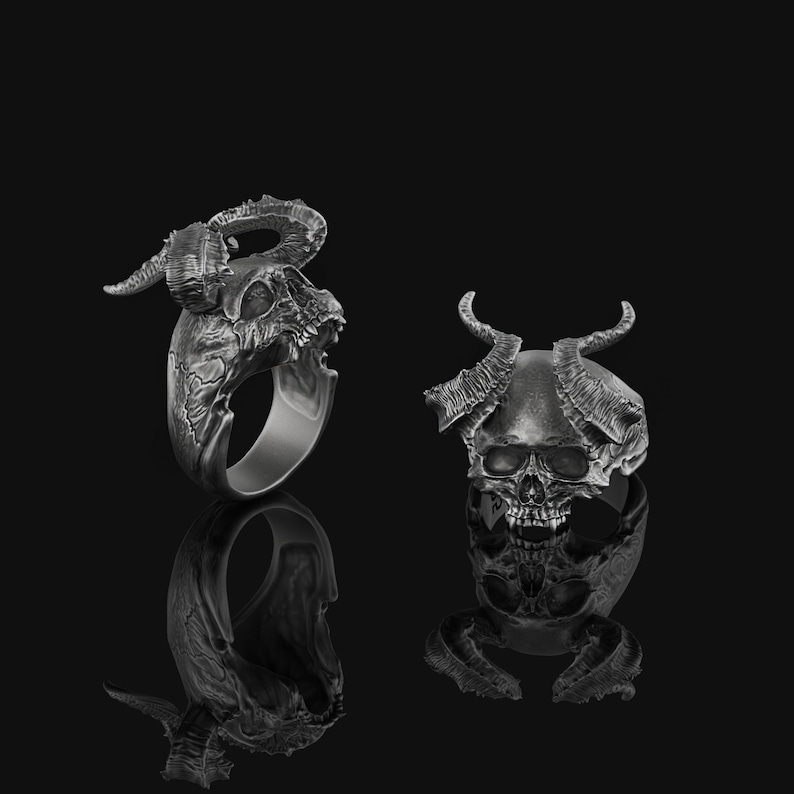 Demon Skull Ring With Horns Devil Ring Sterling Silver - Etsy