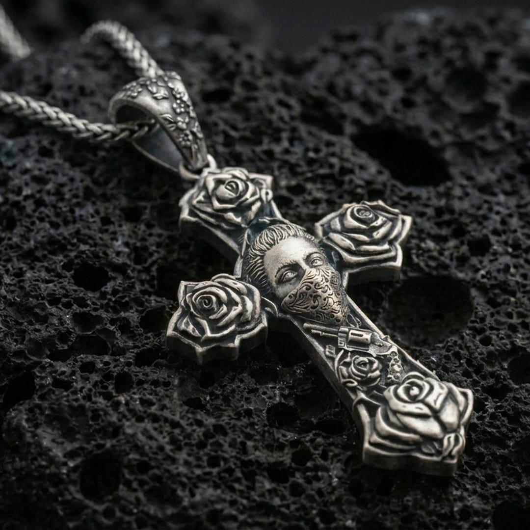 Chicano Tattoo Style Sterling Silver Cross Pendant, Roses Skull - Etsy