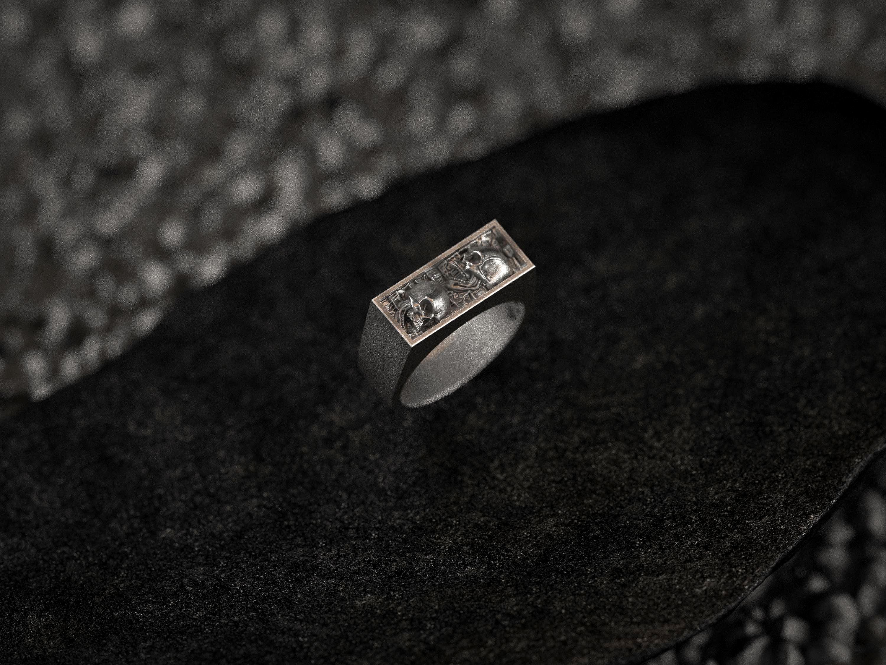 Dual Gothic Skull Bar Signet Ring | Sterling Silver & Gold-plated Twin ...