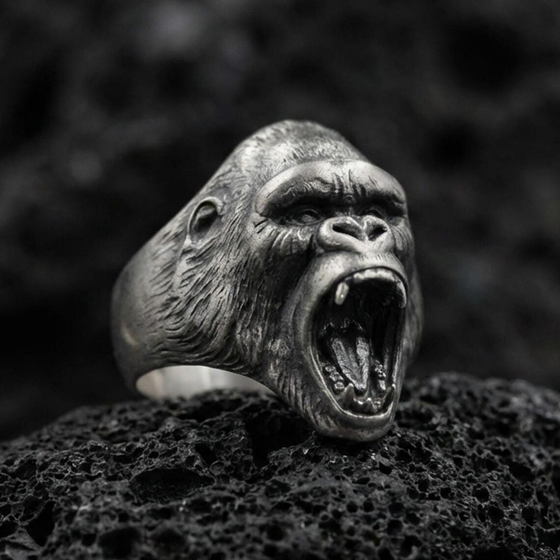 Sterling Silver Gorilla Ring, 925 Roaring Ape Ring, Primal Strength ...
