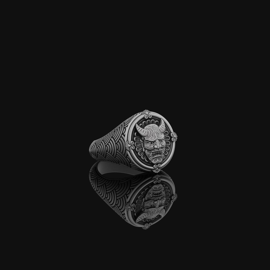 Oni Mask Ring, Sterling Oni Design, Japanese Ring, Seigaiha Waves, Oni ...
