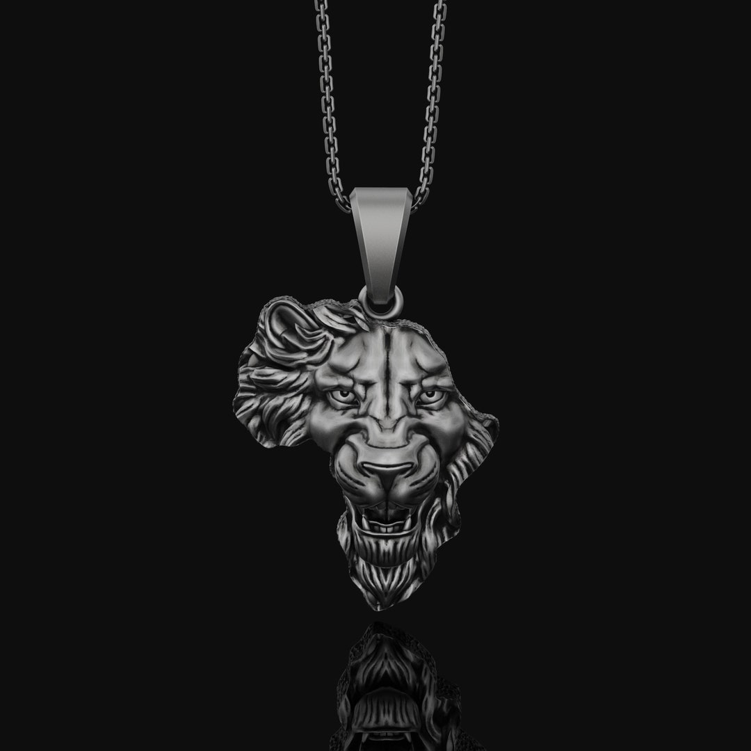 Silver Africa Continent Shaped Lion Head Necklace - Majestic Safari ...