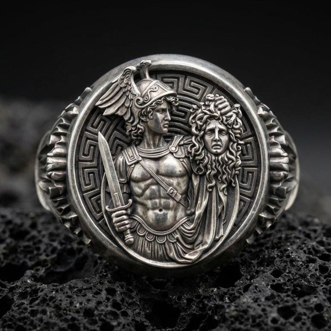 925 Sterling Silver Perseus & Medusa Ring, Greek Mythology Signet, Hero ...