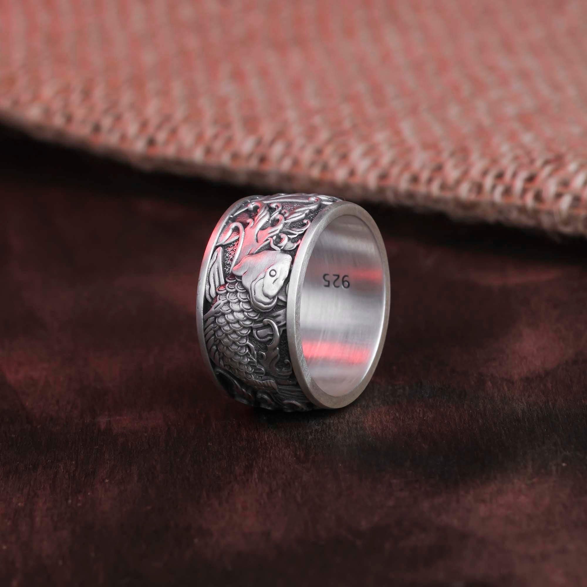 Carp Waves Ring, Koi Fish Band, Ocean Inspired Jewelry, Asian Art Ring ...