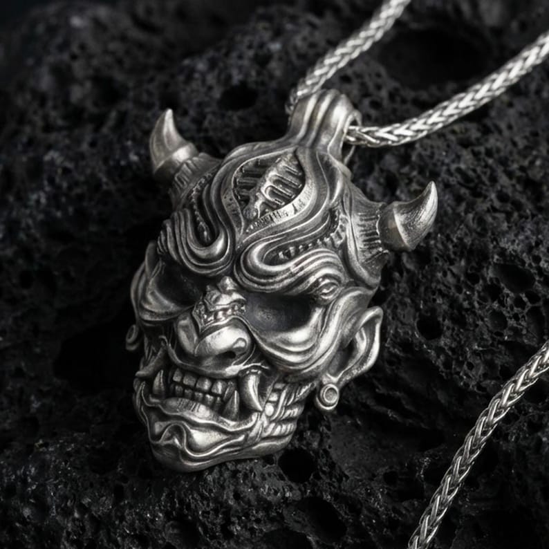 Sterling Silver Oni Mask Pendant, Cyber Samurai Necklace - Etsy