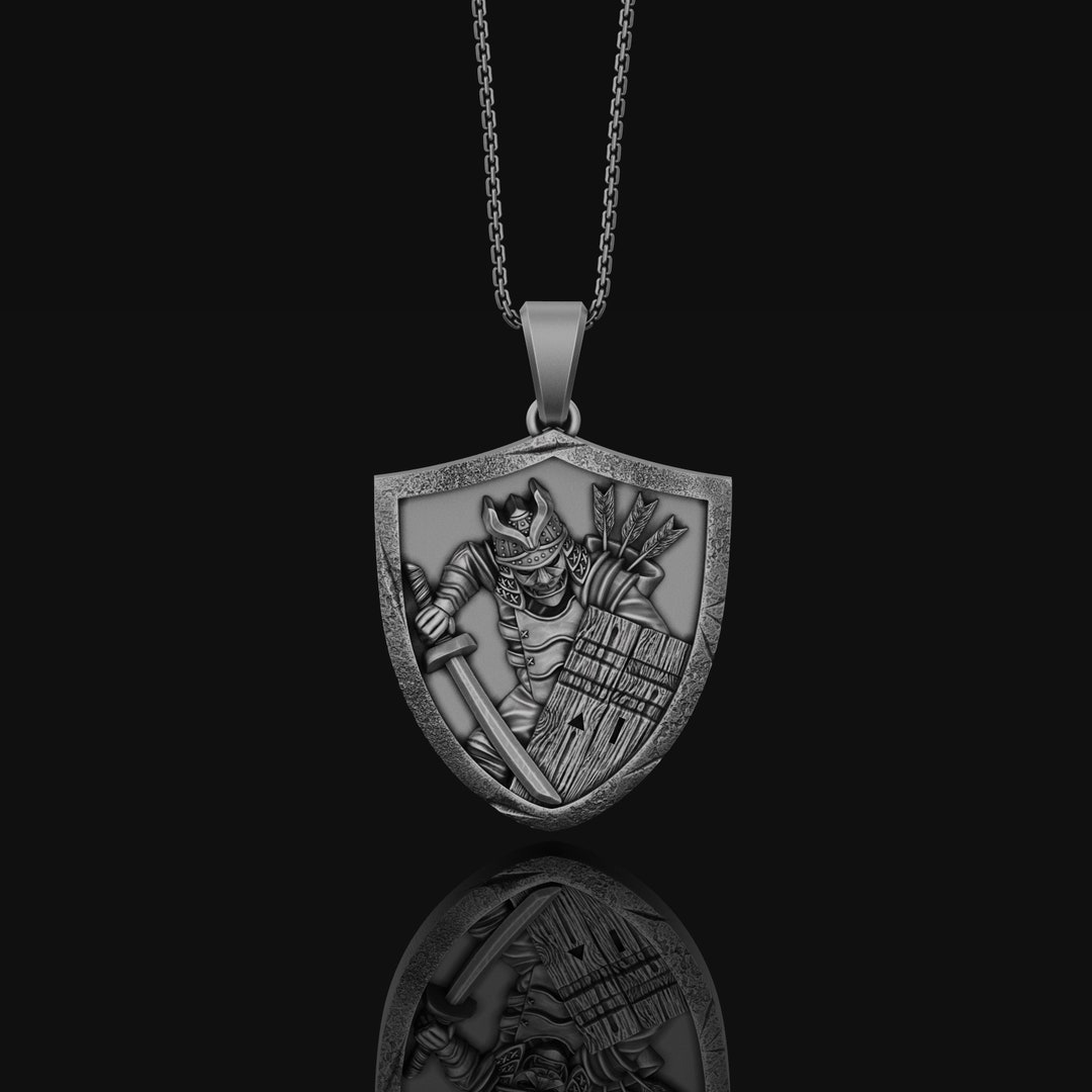 Samurai Necklace, Sterling Shield, Masked Warrior, Katana Pendant ...