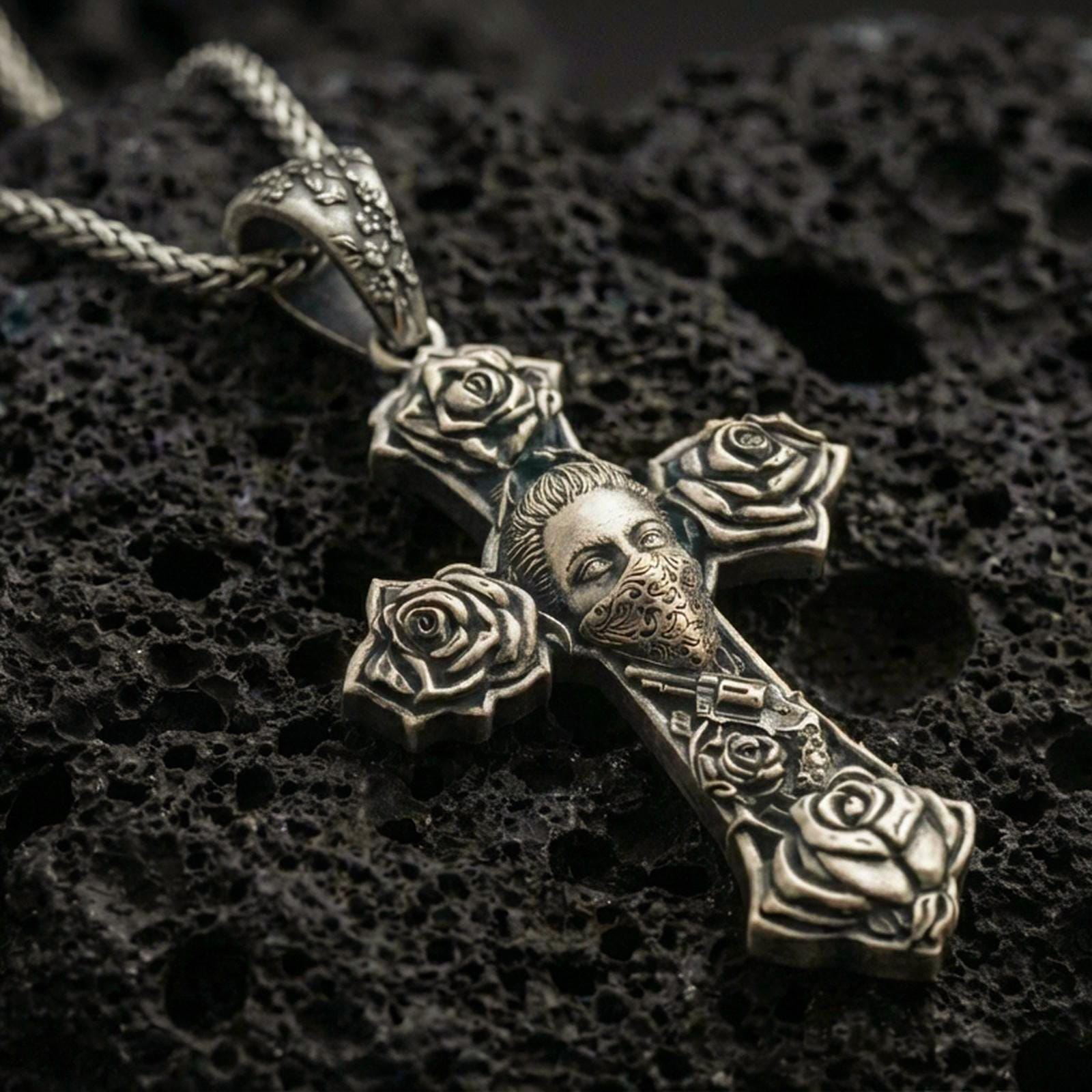 Chicano Tattoo Style Sterling Silver Cross Pendant, Roses Skull - Etsy