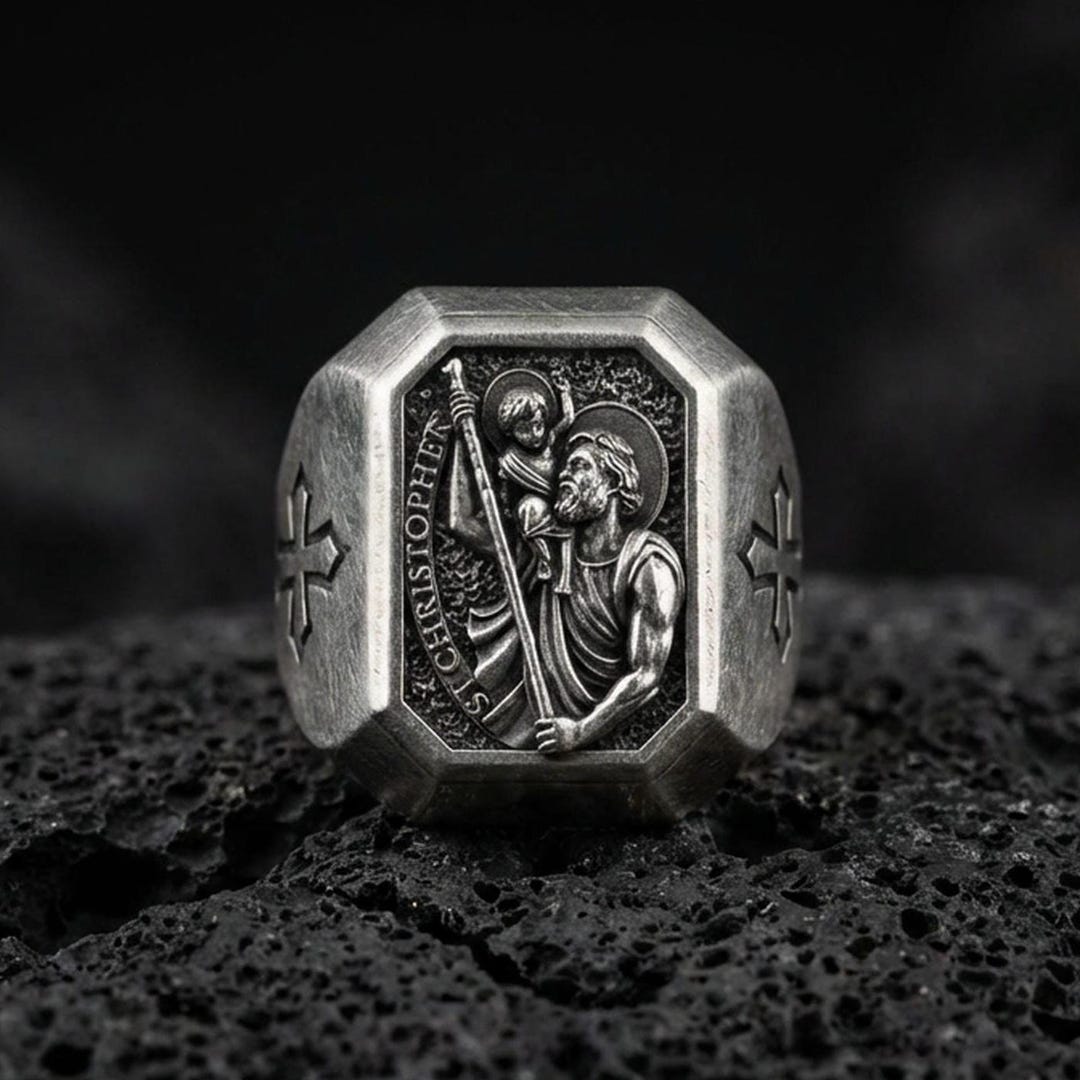 St Christopher Ring, 925 Sterling Silver Signet, Catholic Gift - Etsy