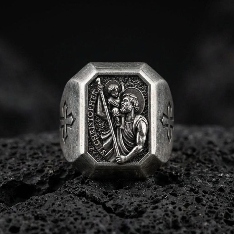 St Christopher Ring, 925 Sterling Silver Signet, Catholic Gift - Etsy