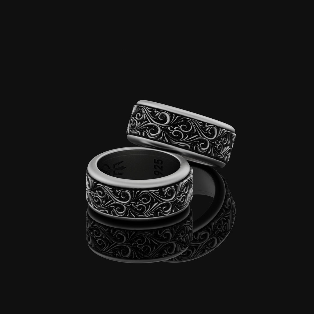Spinner Fidget Floral Wedding Band Ring, Engravable Inside, Elegant ...
