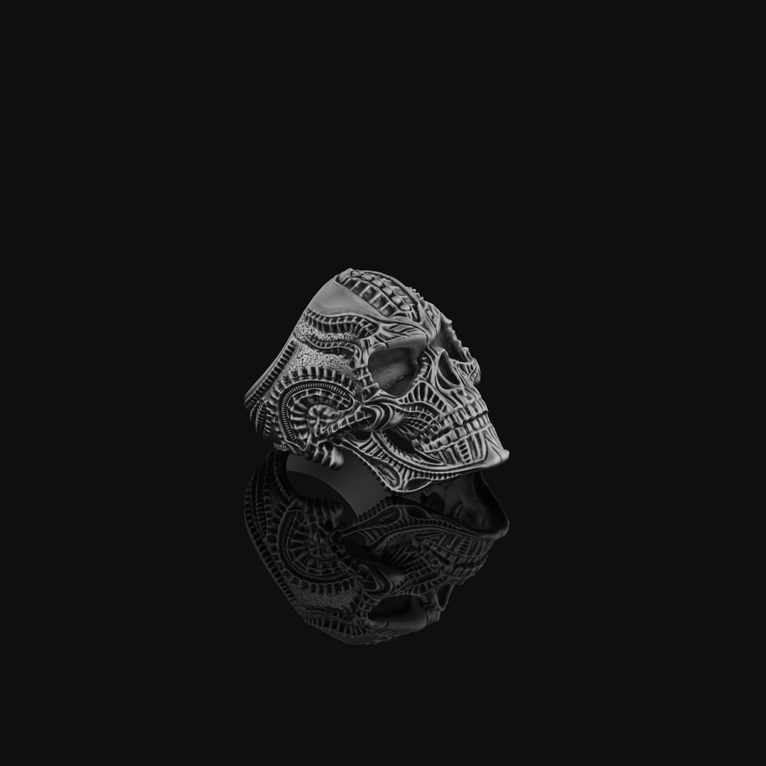 Biomechanic Skull Ring, Sterling Mech Skull, Futuristic, Cyberpunk ...