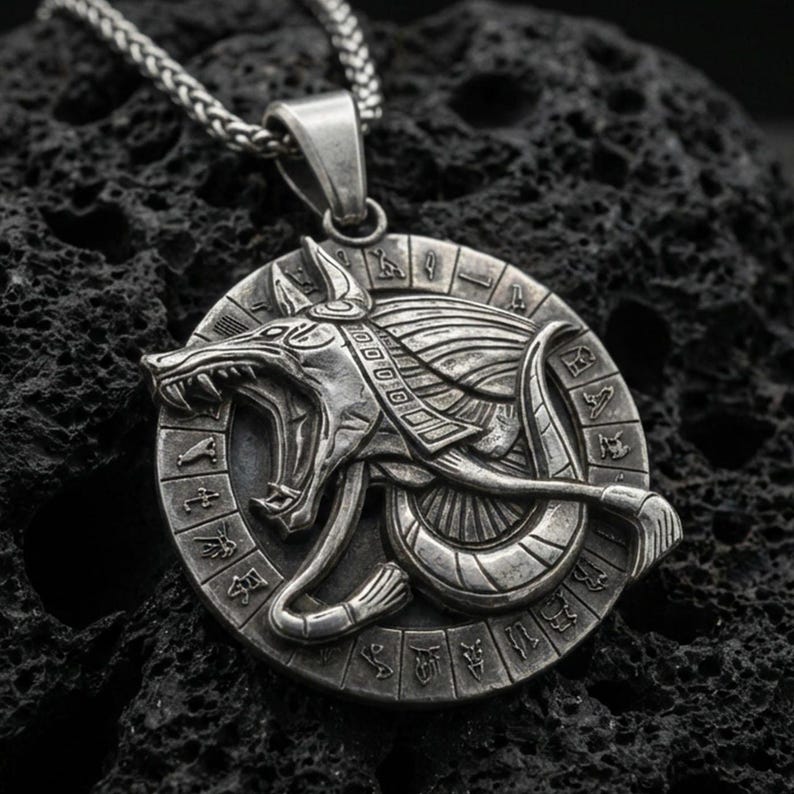 Sterling Silver Anubis Pendant, Egyptian Jackal Necklace, Hieroglyph ...