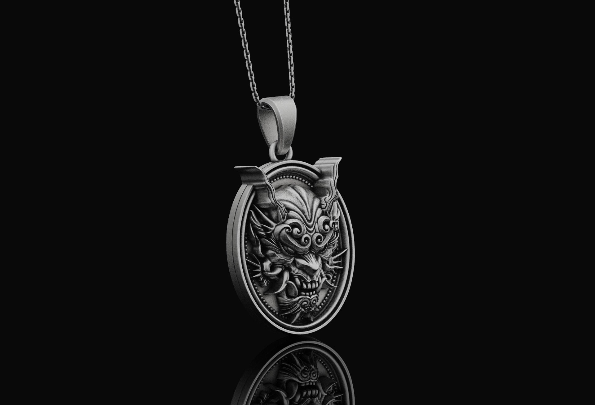 Silver Oni Ghost Necklace Demon Mask Pendant Samurai Jewelry | Etsy