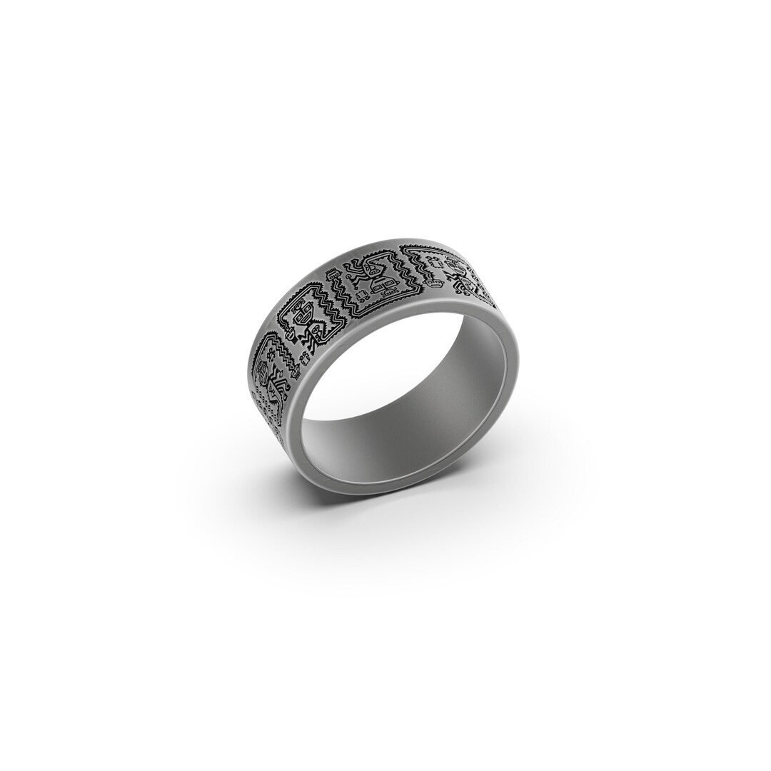 Aztec Maya Ancient Pattern Wedding Band, Memorial Gift, Men's Band Ring ...