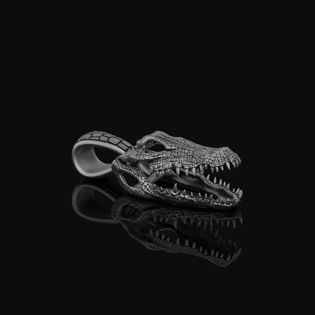 Silver Crocodile Head Skull Necklace - Gothic Lizard Pendant, Menacing ...