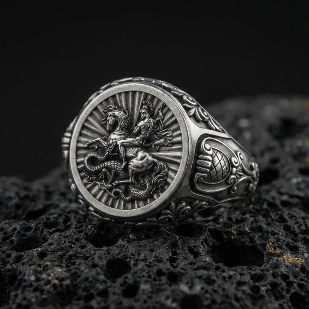 Sterling Silver Saint George Signet Ring, Oxidized Christian Jewelry - Etsy