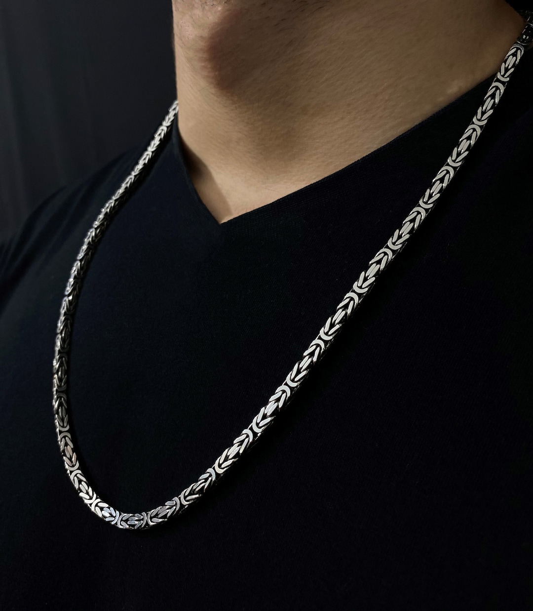 Mens 4mm Byzantine Chain Solid Silver Oxidized Bali Chain Gift Necklace ...