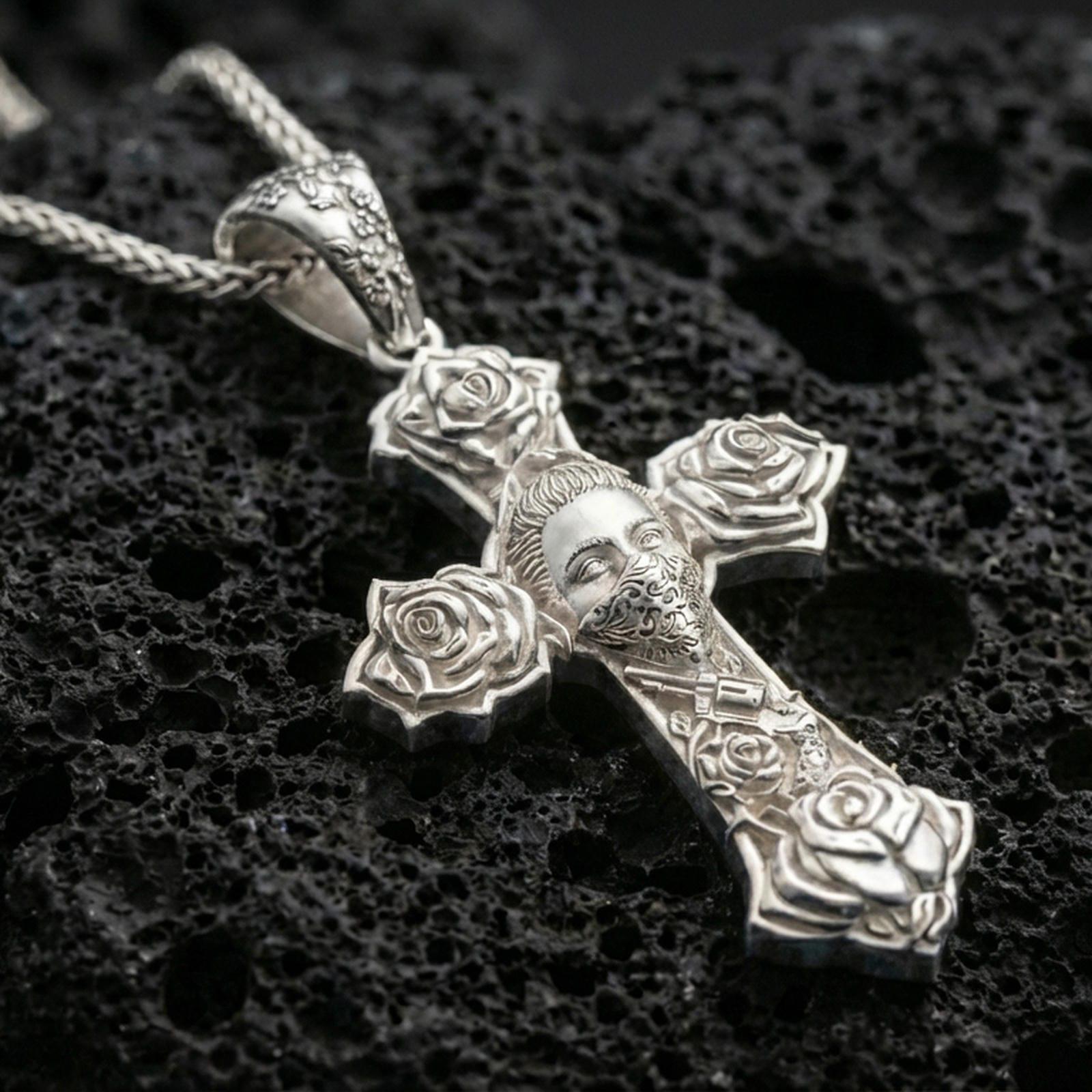 Chicano Tattoo Style Sterling Silver Cross Pendant, Roses Skull - Etsy