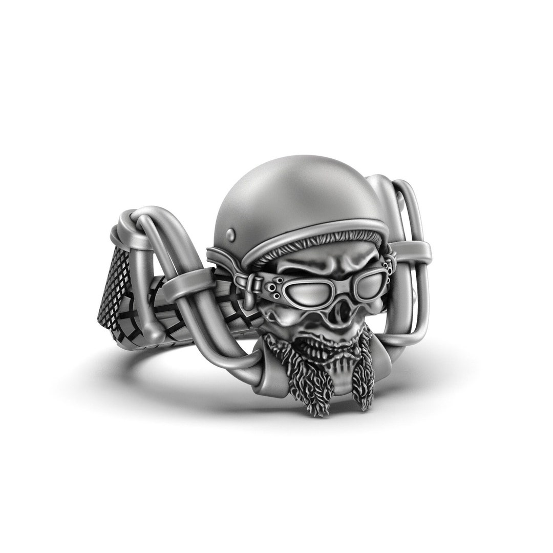 Silver Gothic Biker Skull Ring - Edgy Men's Jewelry, Unique Motorcycle ...