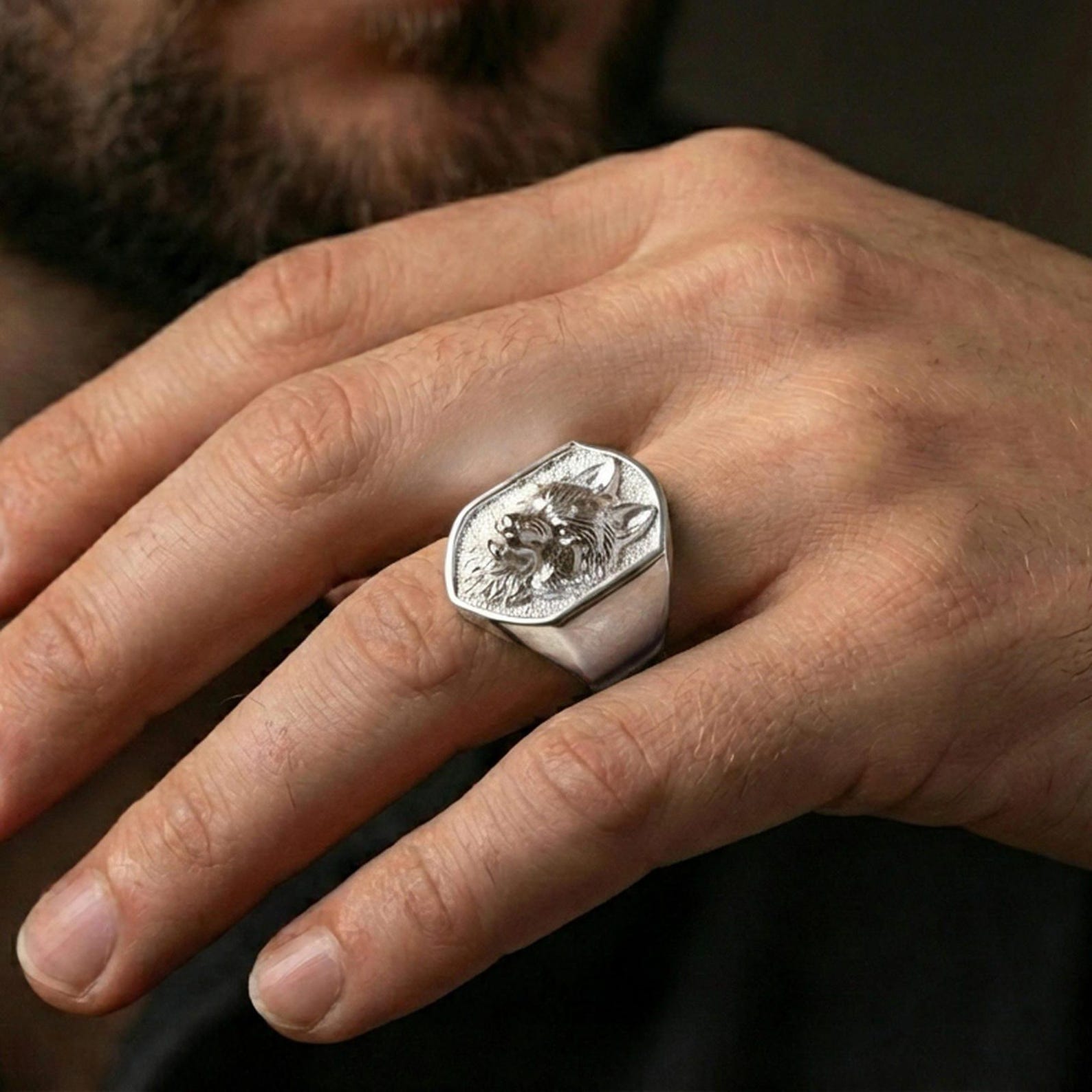 Sterling Silver Wolf Ring, Matte Large Signet Ring, Alpha Head Jewelry ...