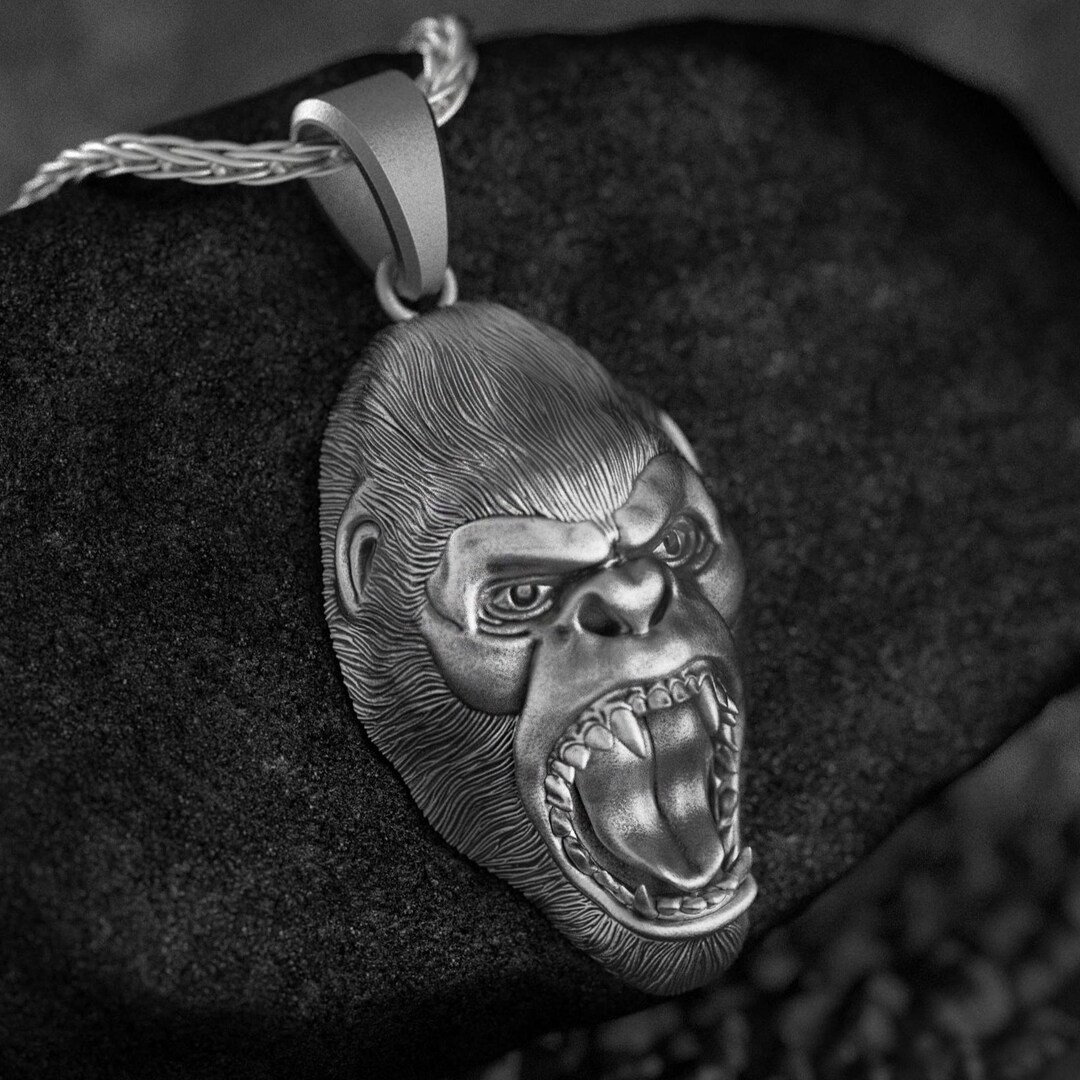 3D Gorilla Necklace, Silver Gorilla Head, Angry Gorilla Charm, Gorilla ...