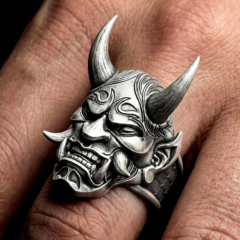Sterling Silver Oni Mask Ring, Japanese Yokai Demon Jewelry - Etsy ...