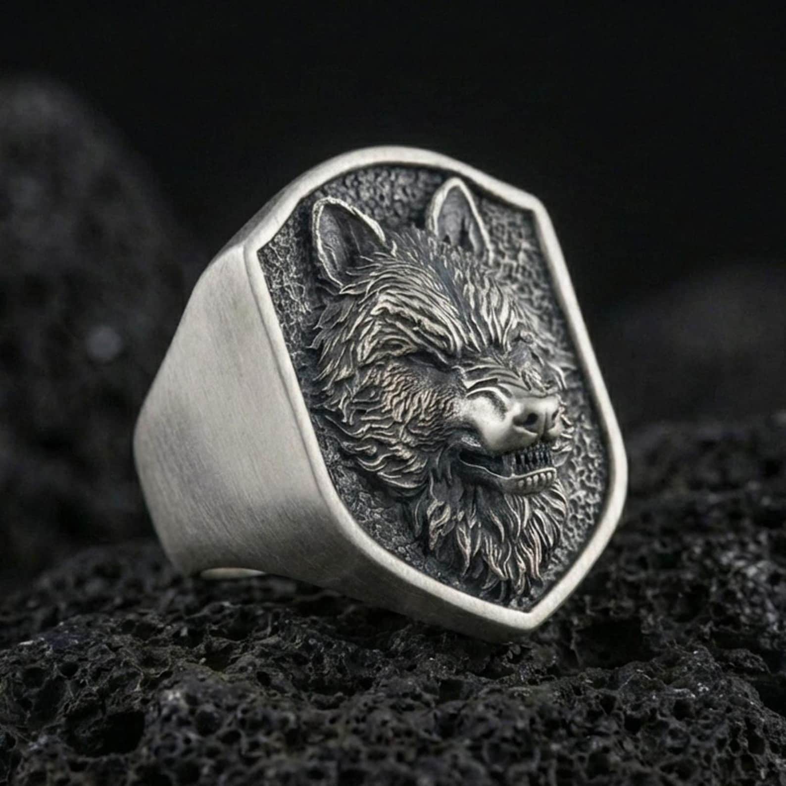 Sterling Silver Wolf Ring, Matte Large Signet Ring, Alpha Head Jewelry ...