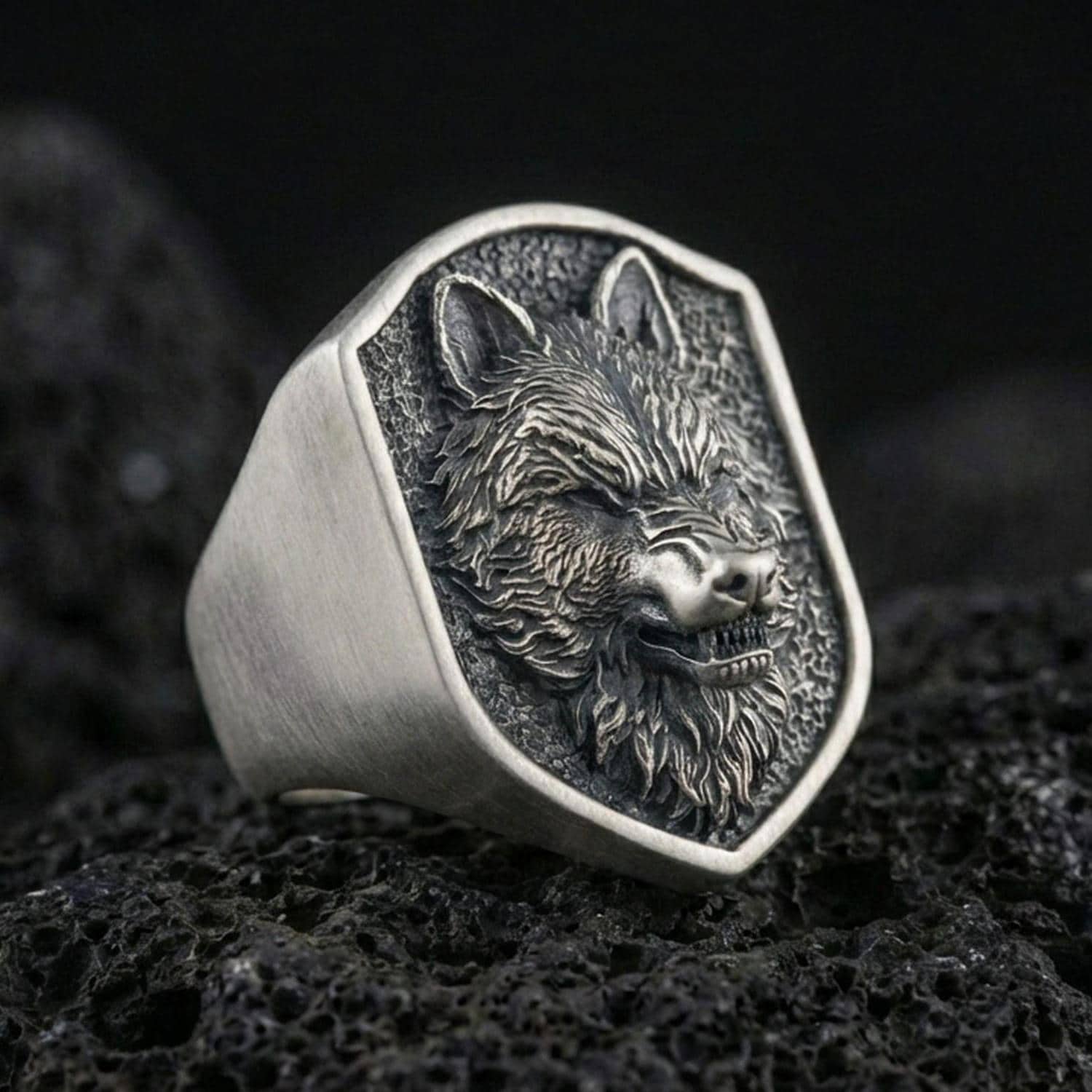 Sterling Silver Wolf Ring, Matte Large Signet Ring, Alpha Head Jewelry ...