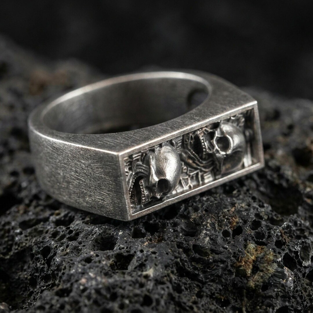 Dual Gothic Skull Bar Signet Ring | Sterling Silver & Gold-plated Twin ...