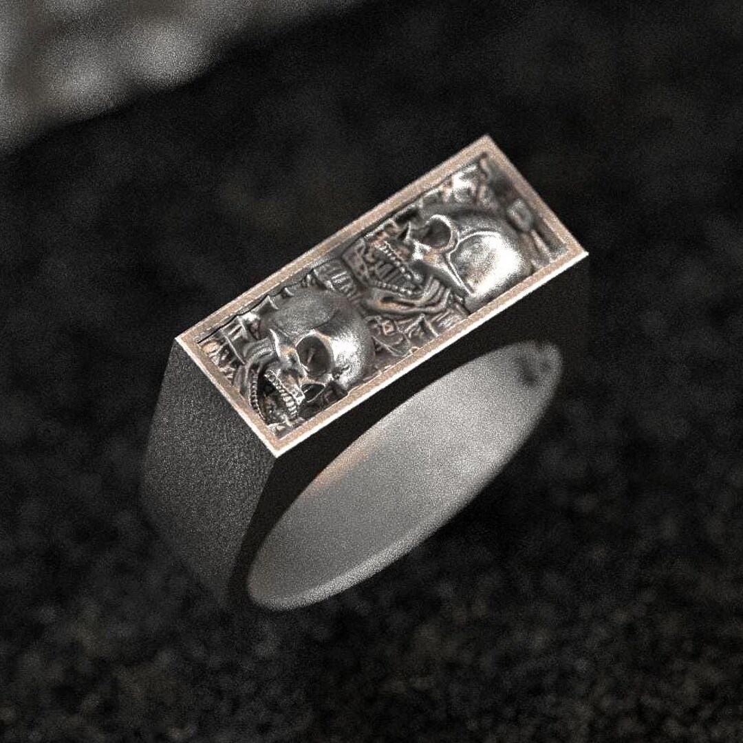 Dual Gothic Skull Bar Signet Ring | Sterling Silver & Gold-plated Twin ...